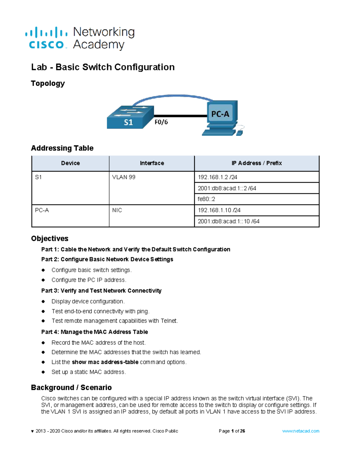 1.1.7 Lab - Basic Switch Configuration and Network Device Setup - Studocu