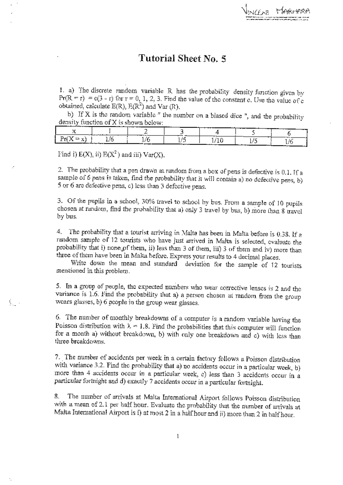 Business Statistics 1 - Tutorial Sheet 5: Discrete Random Variables ...