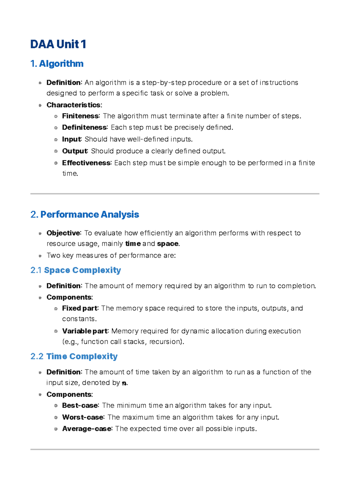 DAA Unit 1 OBS - Unit 1 notes - DAA Unit 1 1. Algorithm Definition An ...