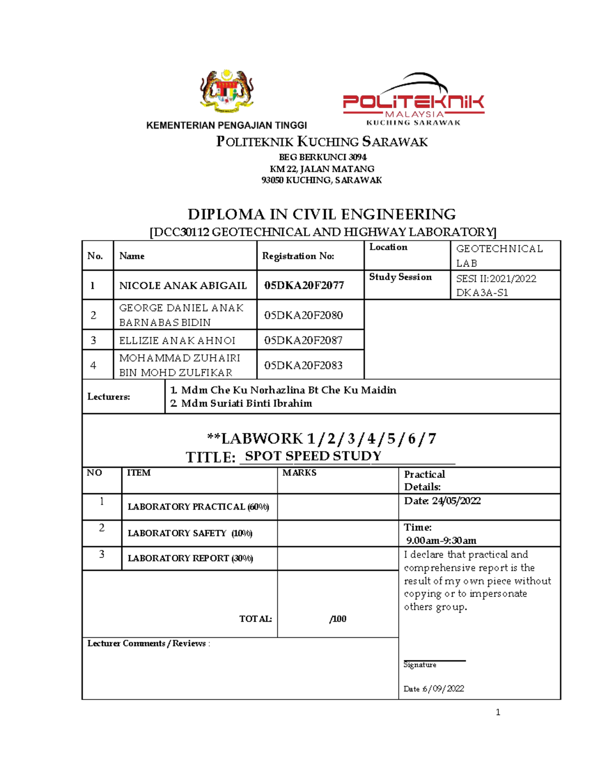 DCC30112 Spot Speed Study Laboratory Report - Studocu