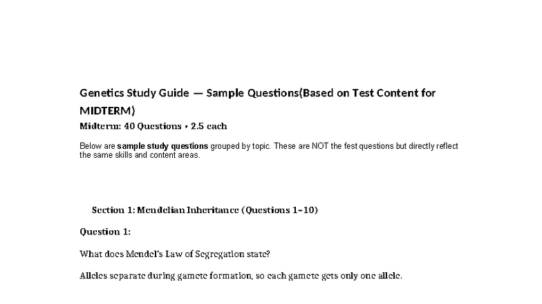 Genetics MIDTERM Study Guide: Sample Questions & Key Concepts - Studocu