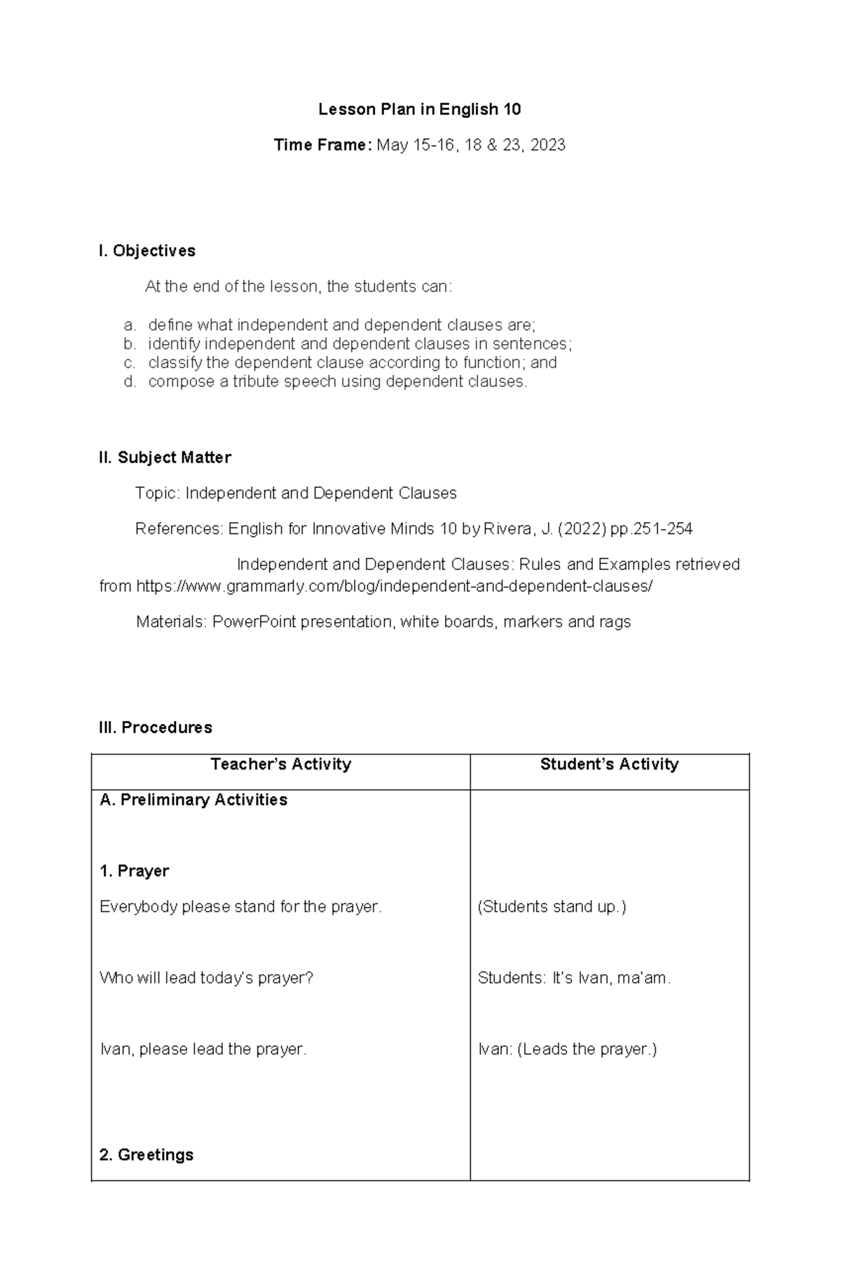 Lesson Plan: Grade 10 English on Independent & Dependent Clauses - Studocu