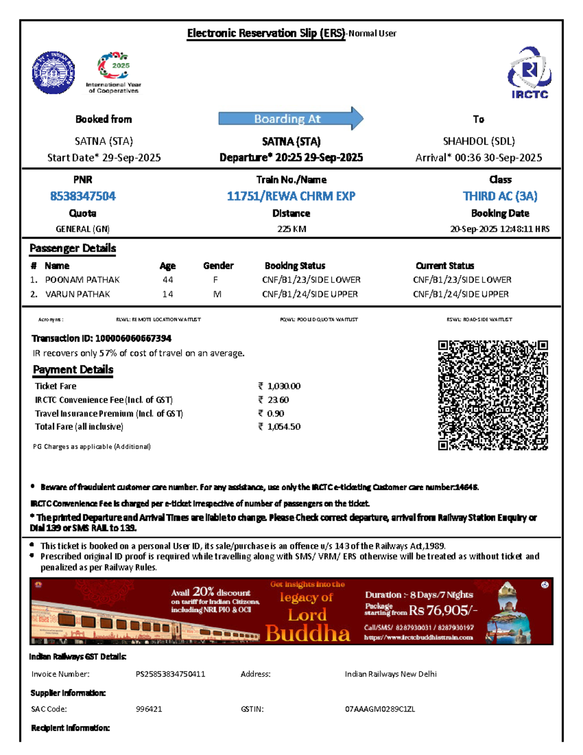 Electronic Reservation Slip for Train 8538347504: Booking Details - Studocu