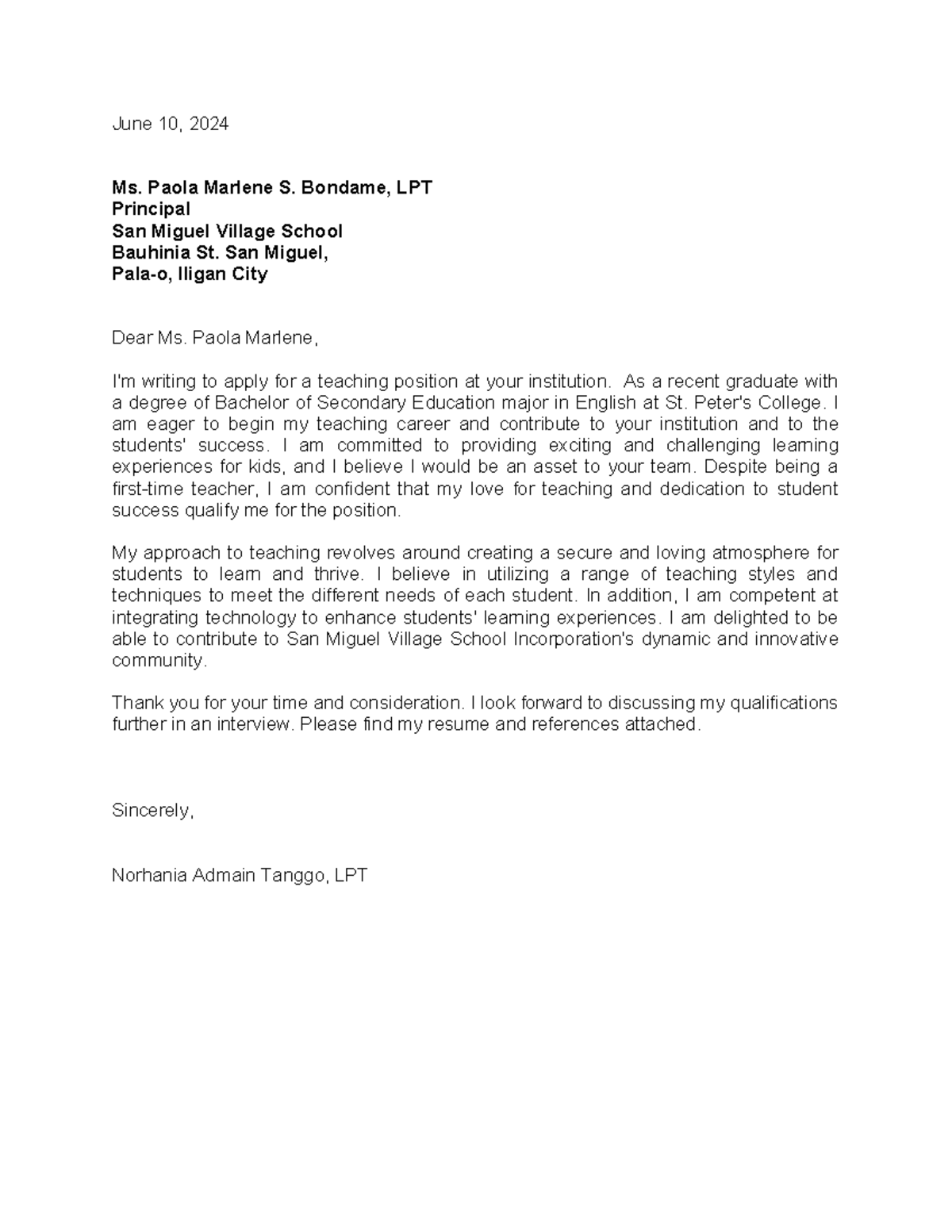 Application Letter - June 10, 2024 Ms. Paola Marlene S. Bondame, LPT ...