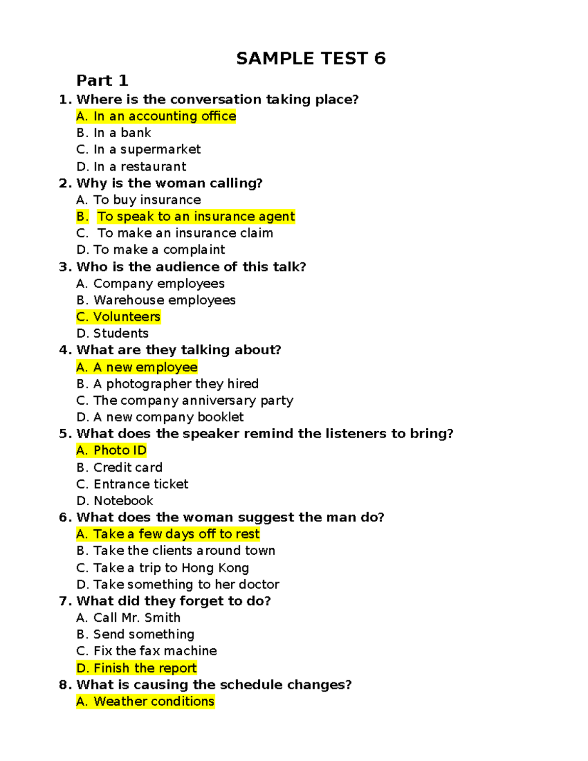 Sample Test 6 - Listening Exercise Questions and Answers - Studocu