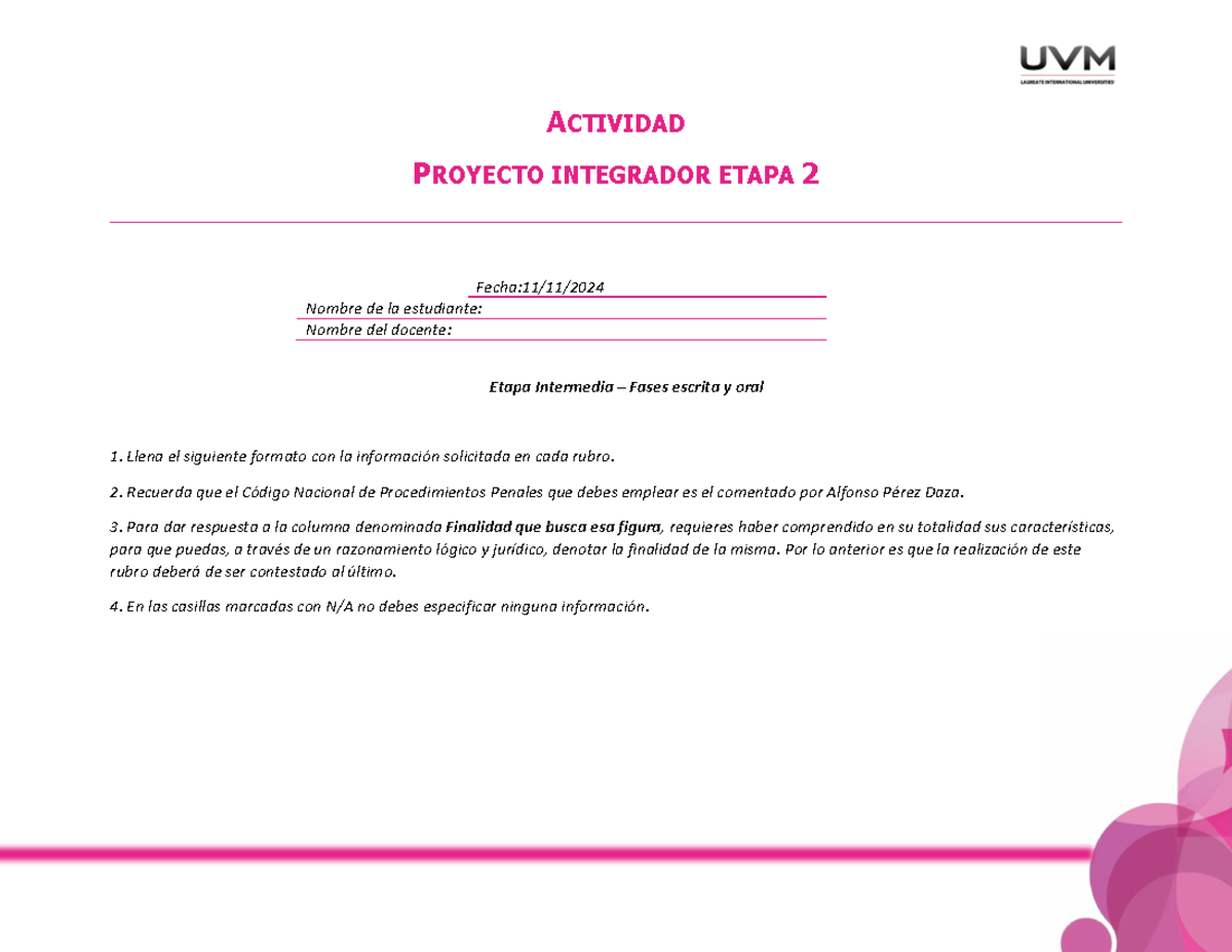 A6 - ...... - A CTIVIDAD P ROYECTO INTEGRADOR ETAPA 2 Fecha: 11 / 11 / 2024 Nombre de la ...