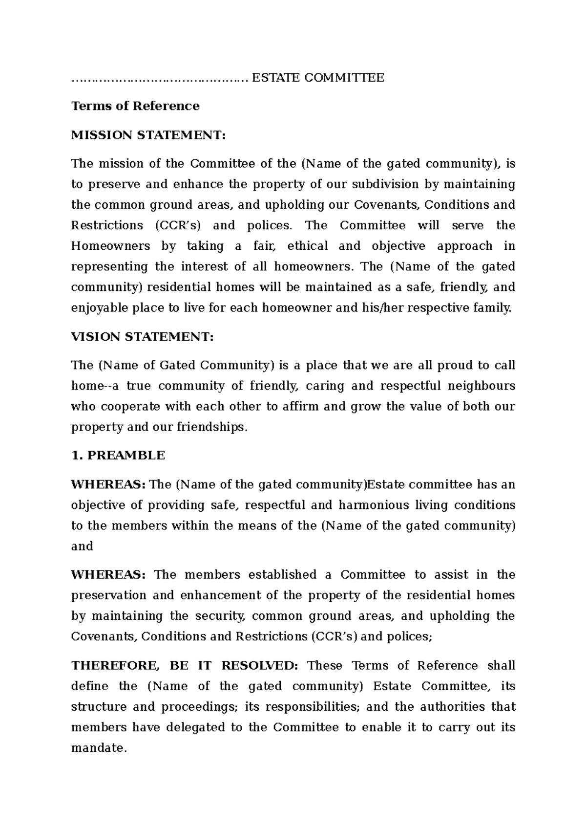 TOR - Estate Committee Terms of Reference Guidelines - Studocu