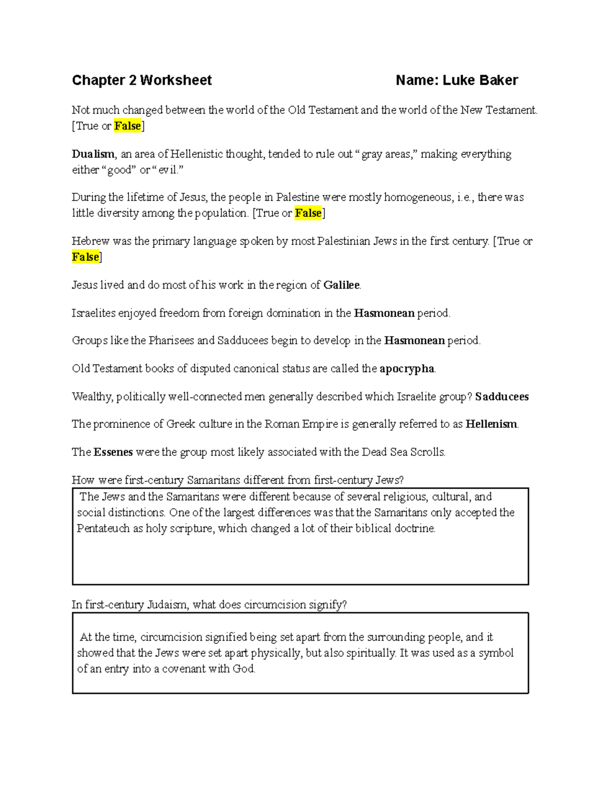 Chapter 2 Worksheet - Exploring First-Century Judaism and Culture - Studocu