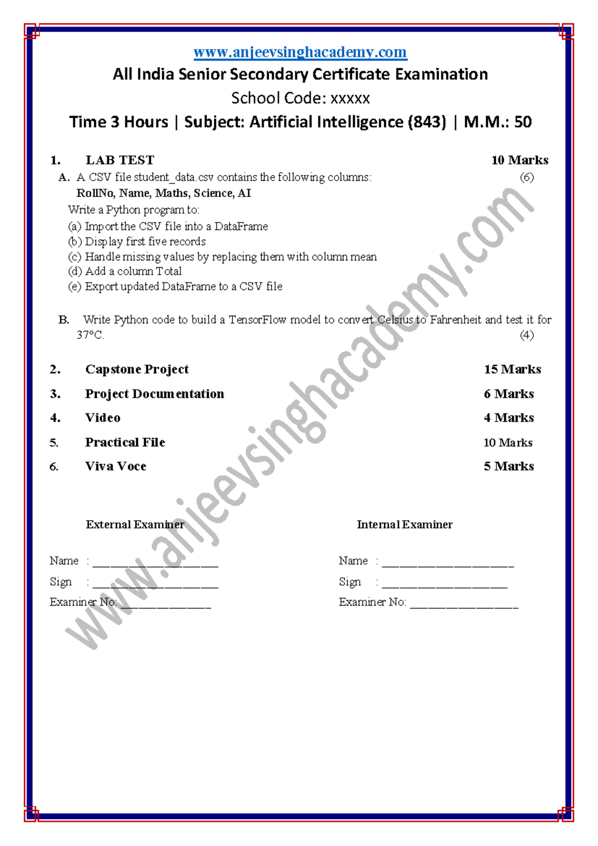 Class 12 AI Practical Exam Sample QP (843) - 3 Hours - Studocu