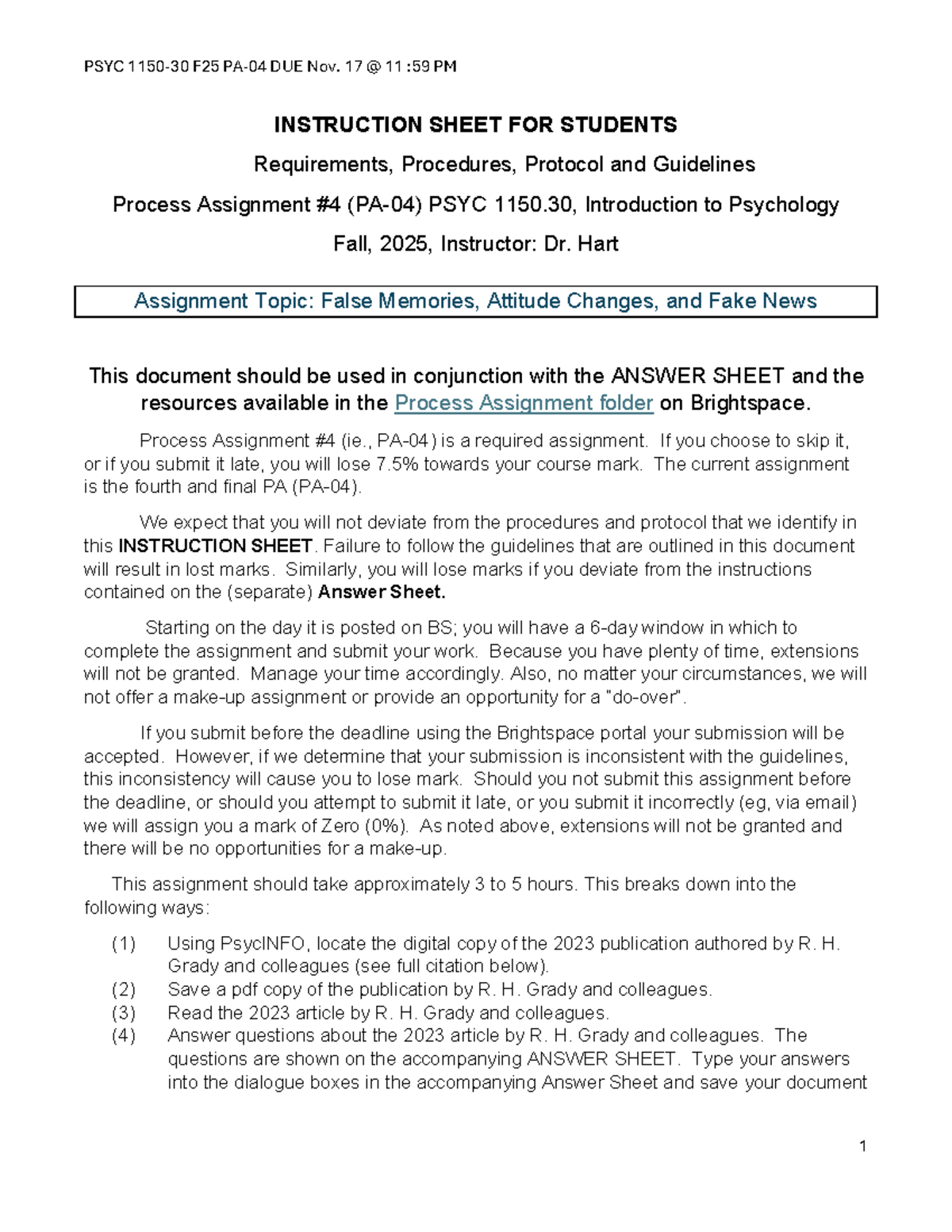 PSYC F25 PA-04 Instruction Sheet: False Memories & Fake News - Studocu