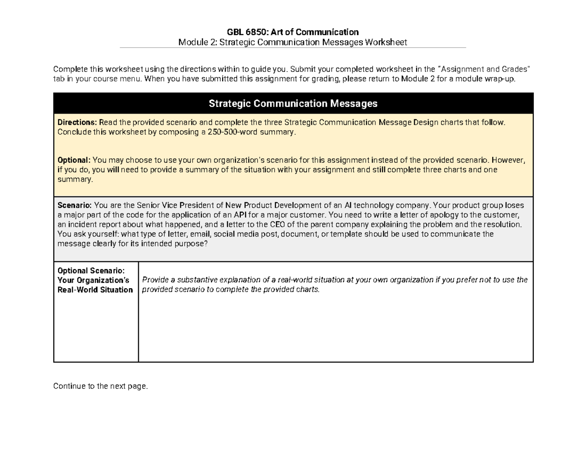 GBL 6850 Module 2 Strategic Communication Messages Worksheet - Studocu