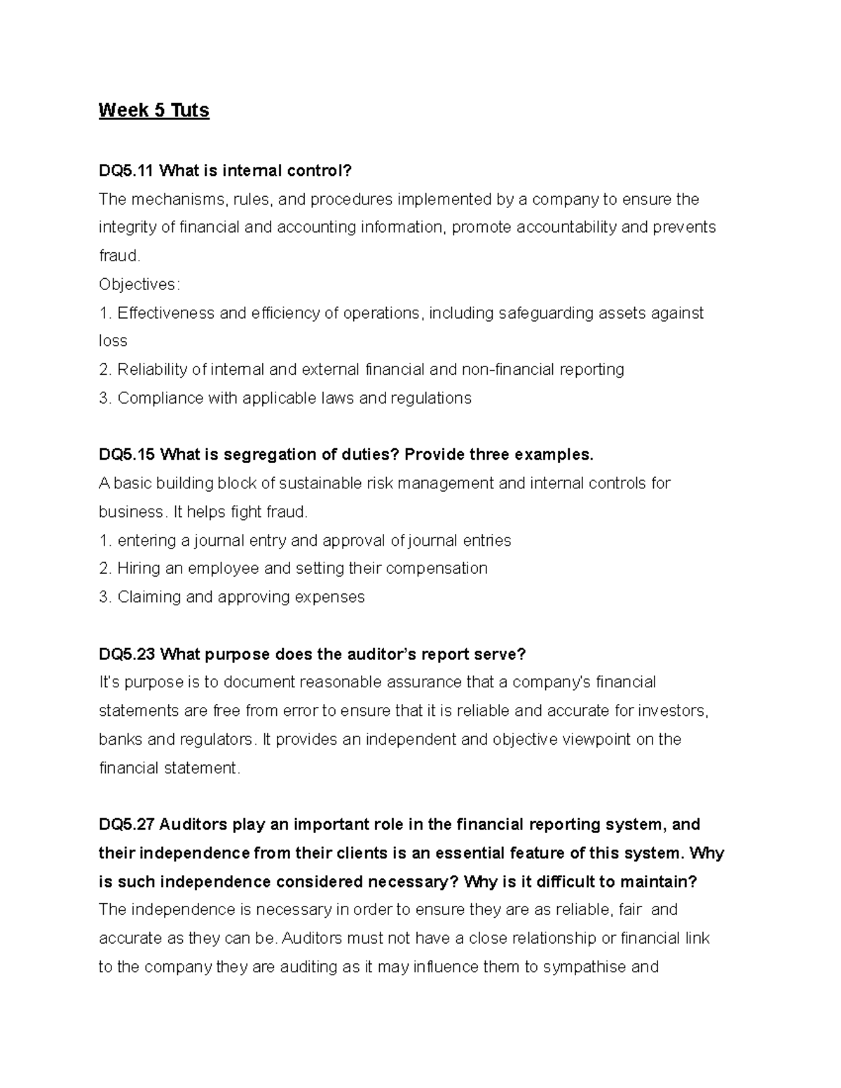 Week 5 pre tut - week 5 - Week 5 Tuts DQ5 What is internal control? The ...