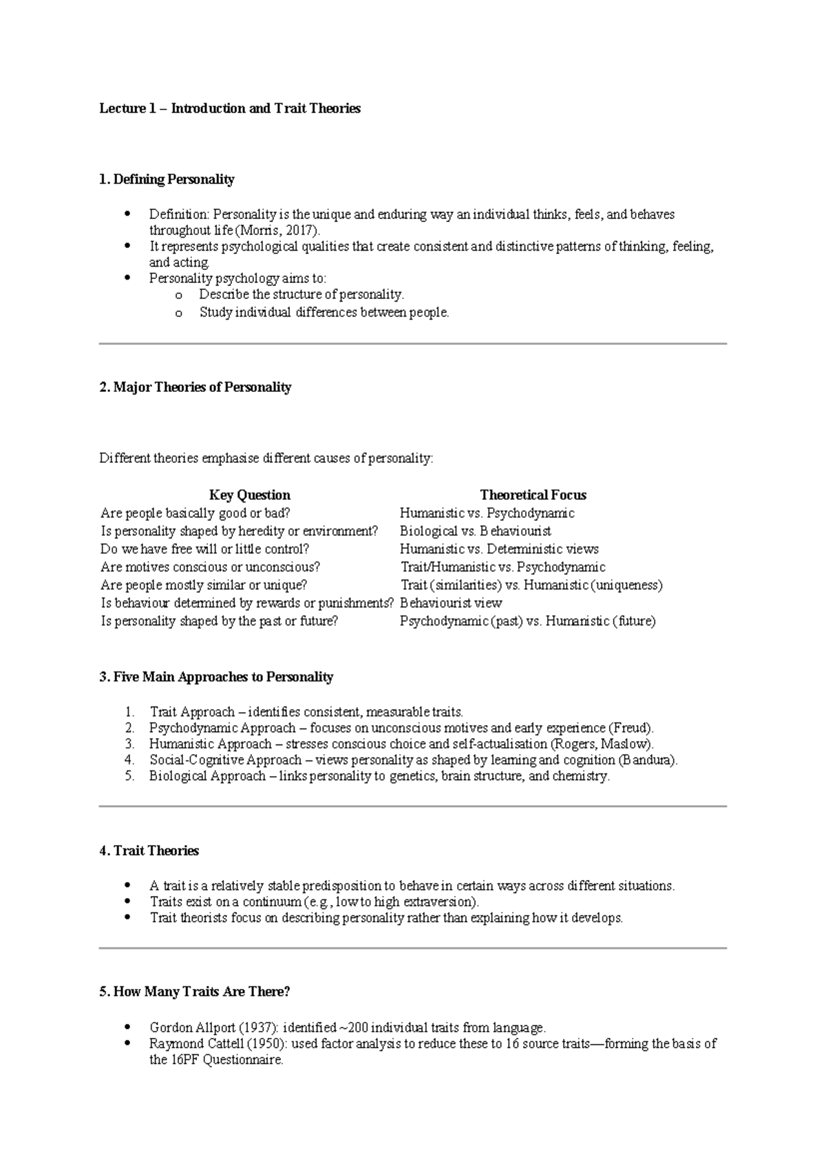 Lecture 1: Introduction to Personality Theories and Trait Approaches ...