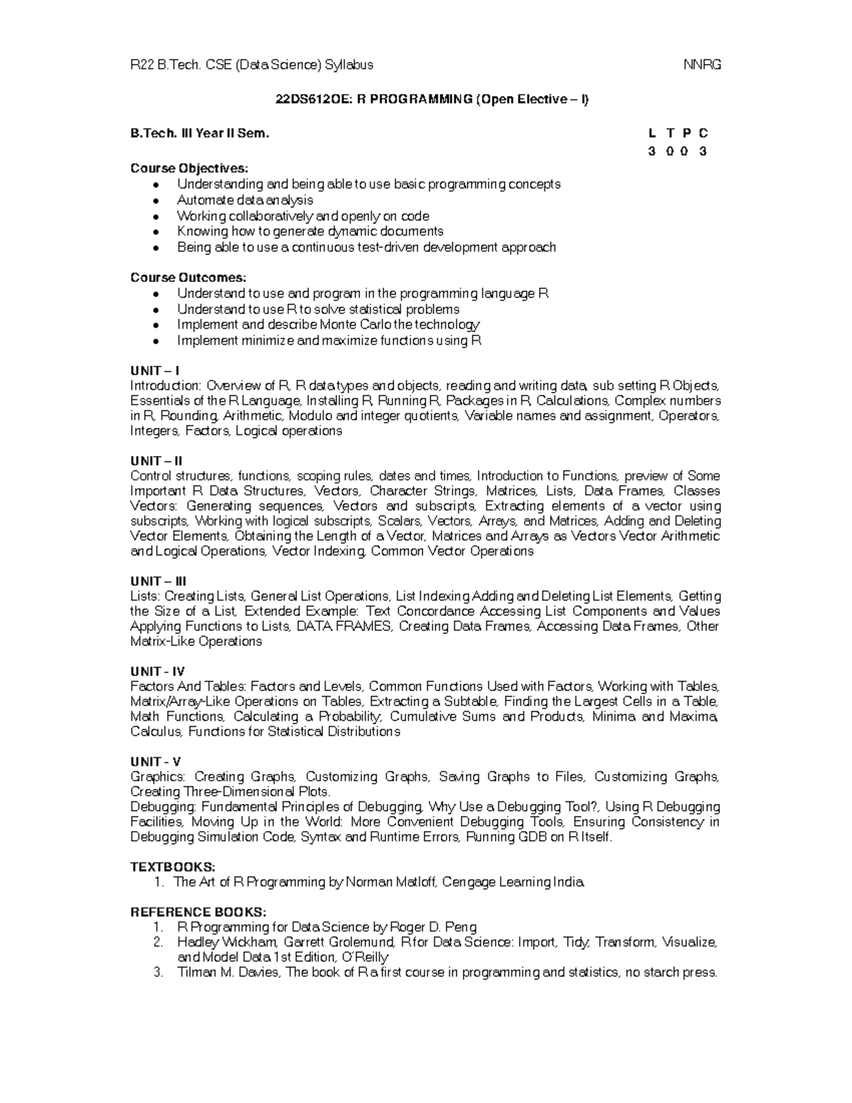 R22 B.Tech. CSE (Data Science) Syllabus: R Programming 22DS612OE - Studocu