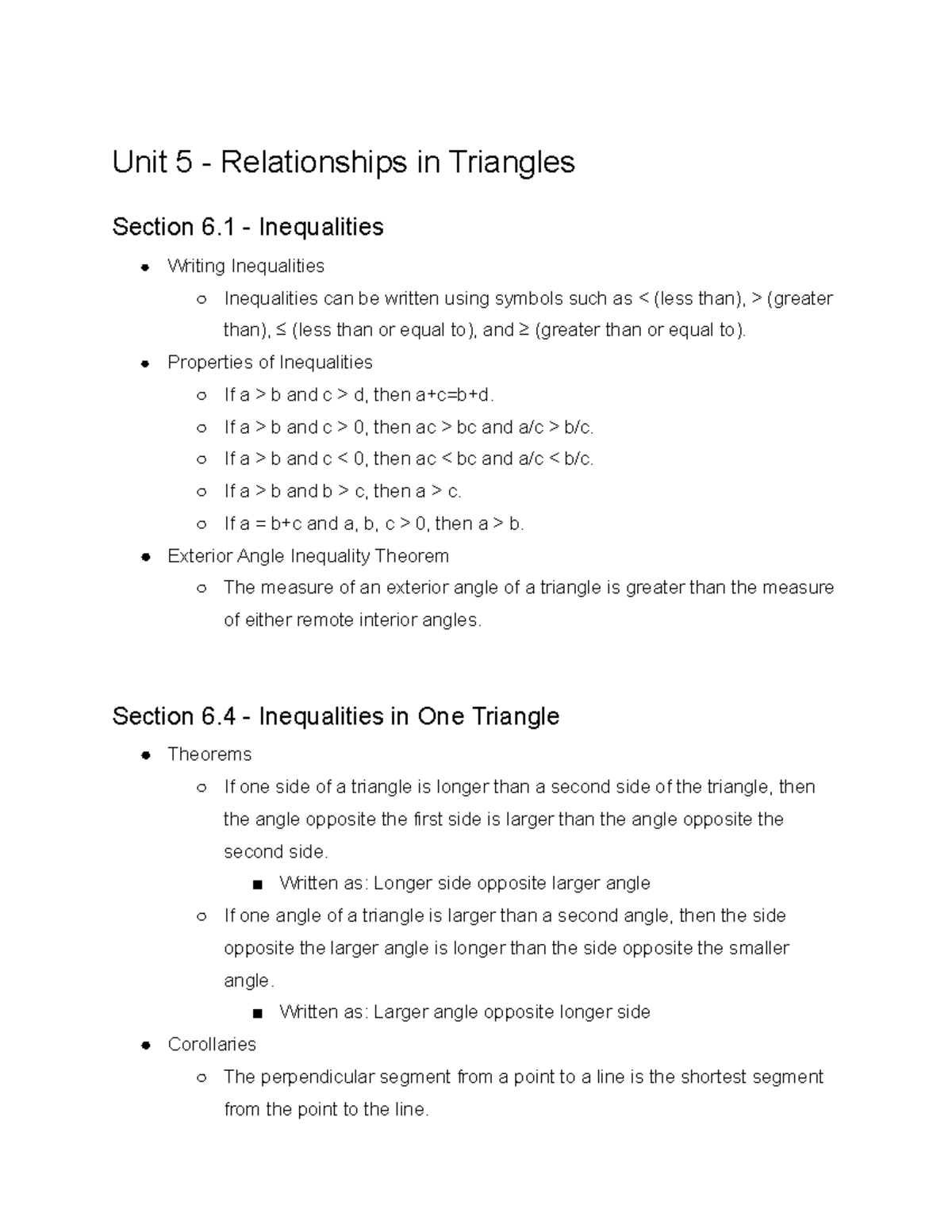 Geometry Unit 5 Notes - Relationships and Inequalities in Triangles ...