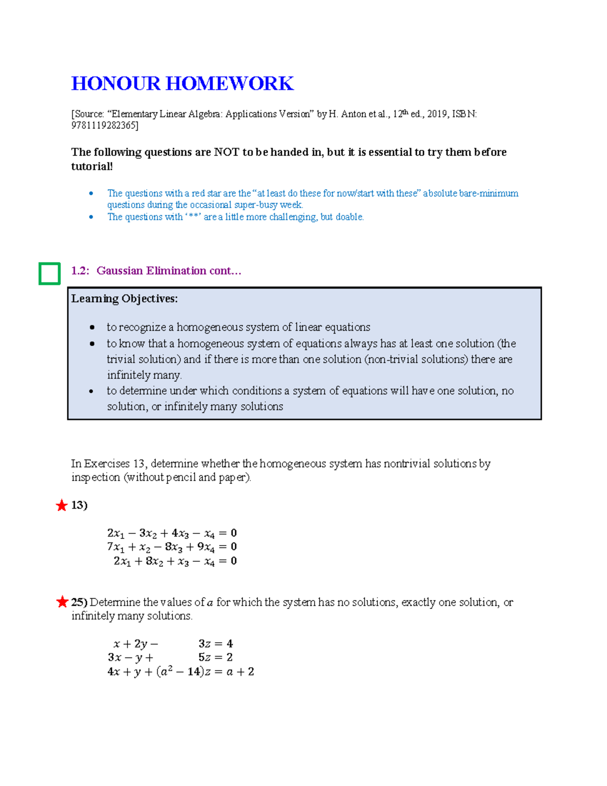 HONOUR HOMEWORK Linear Algebra: Applications (Mod 2) - Studocu