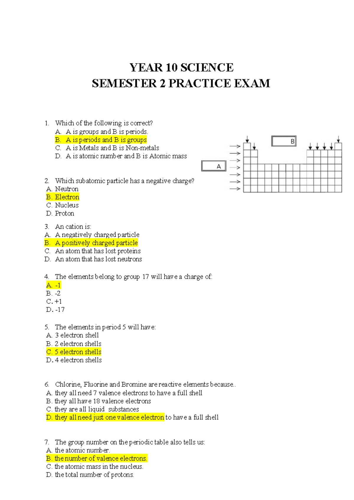 Semester 2 Exam Revision Answers - YEAR 10 SCIENCE SEMESTER 2 PRACTICE ...