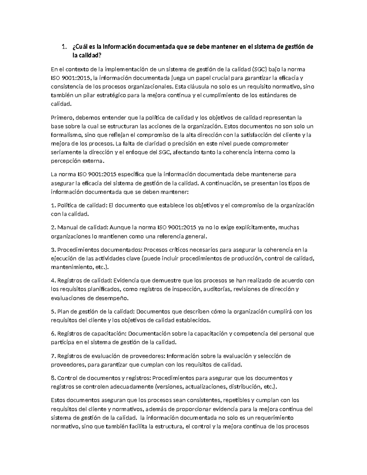 ISO 9001:2015 - Importancia de la Información Documentada en SGC - Studocu