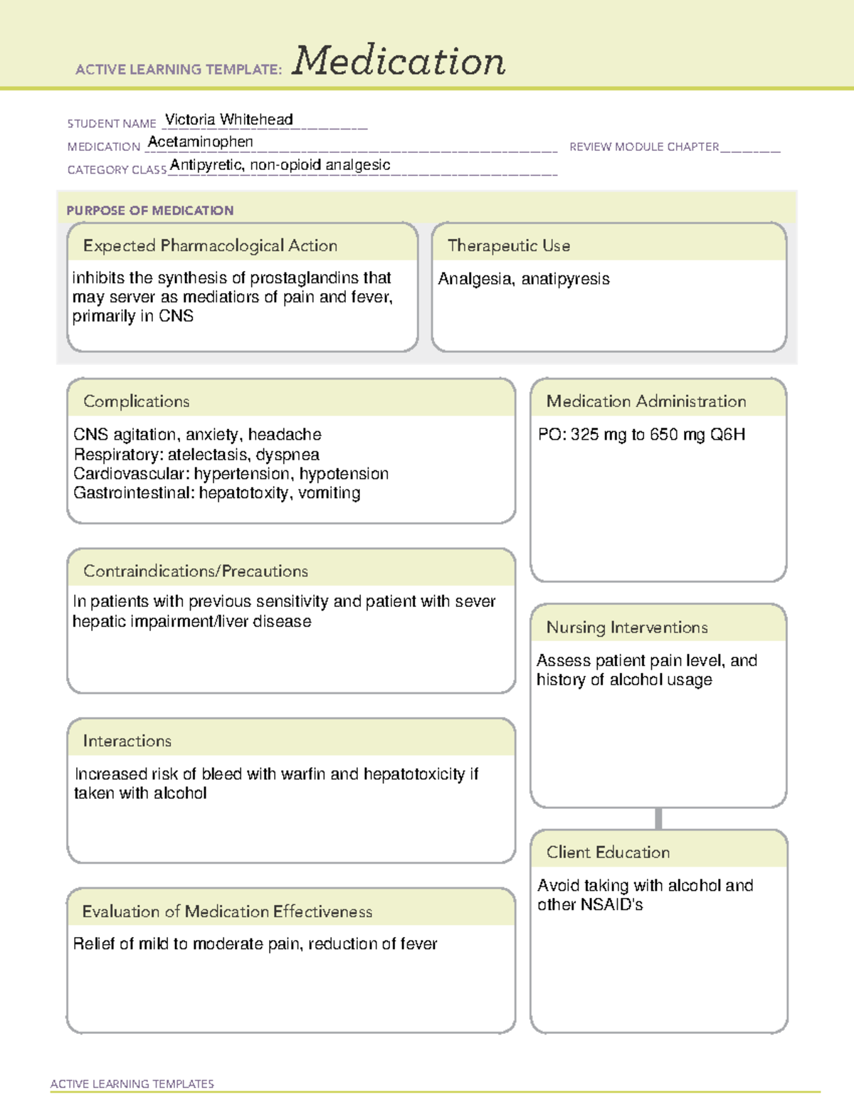 Acetaminophen - ATI Med Template - ACTIVE LEARNING TEMPLATES Medication ...