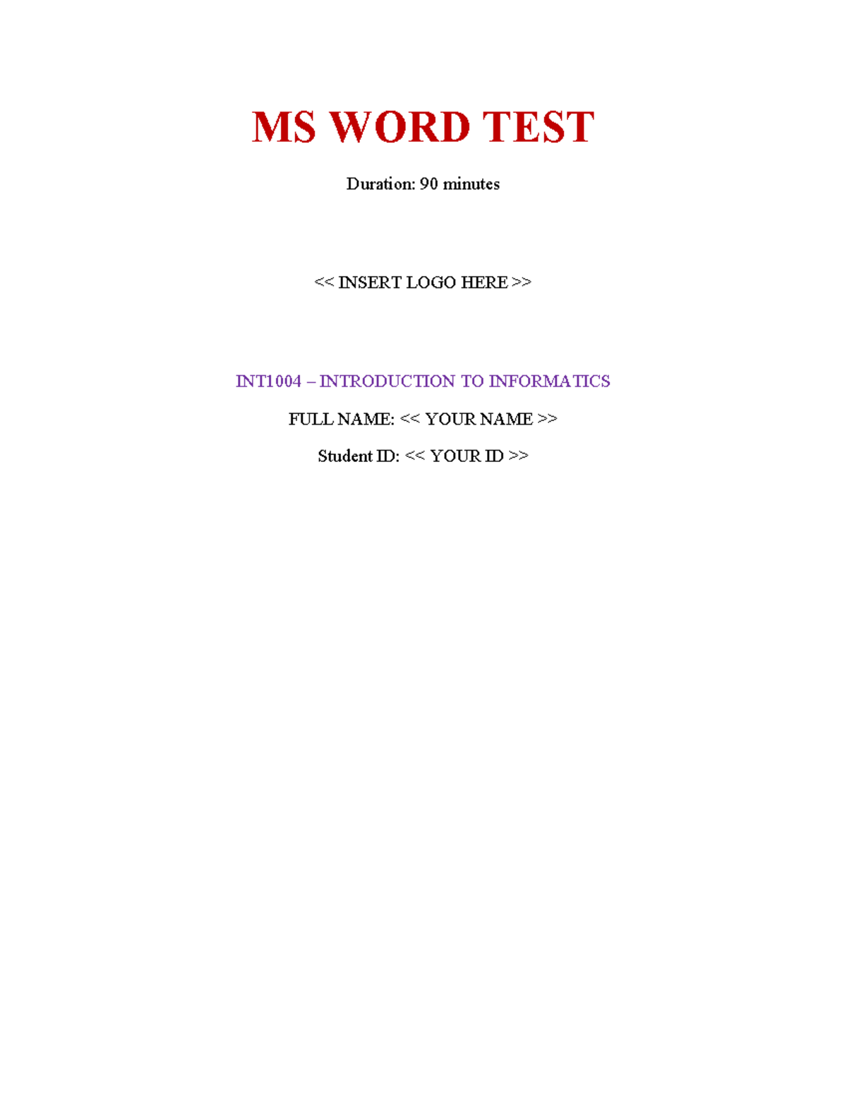 INT1004 MS Word Test Template - 90 Min Duration - Studocu