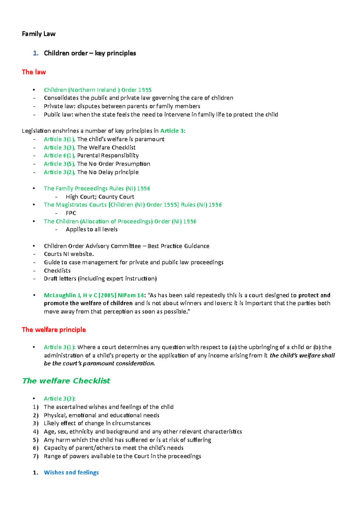 Family Law Revision Notes: Key Principles and Welfare Checklist (LAW101 ...