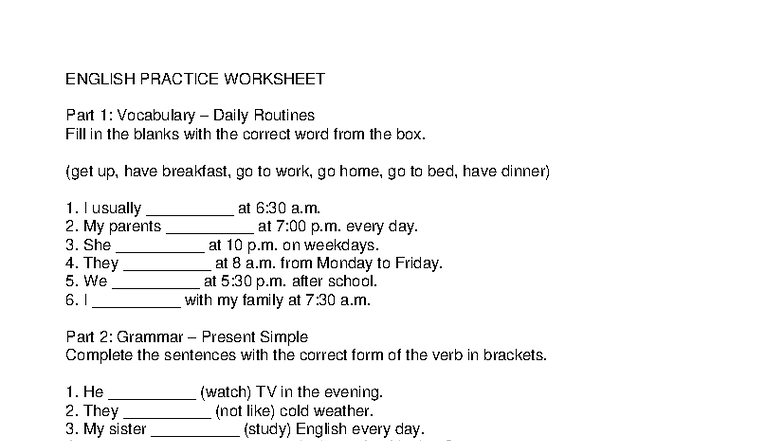 ENGLISH 101: Vocabulary & Grammar Practice Worksheet - Studocu