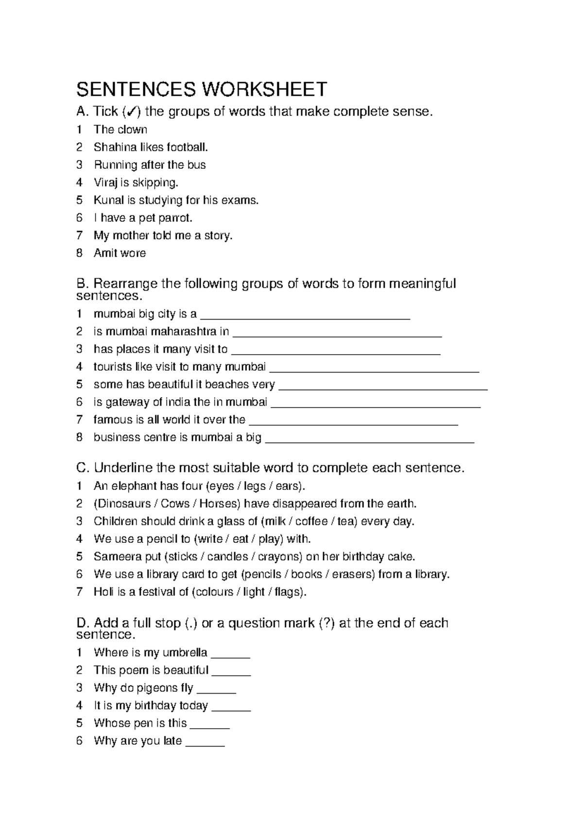SENTENCES WORKSHEET: Complete & Rearrange Sentences Activities - Studocu