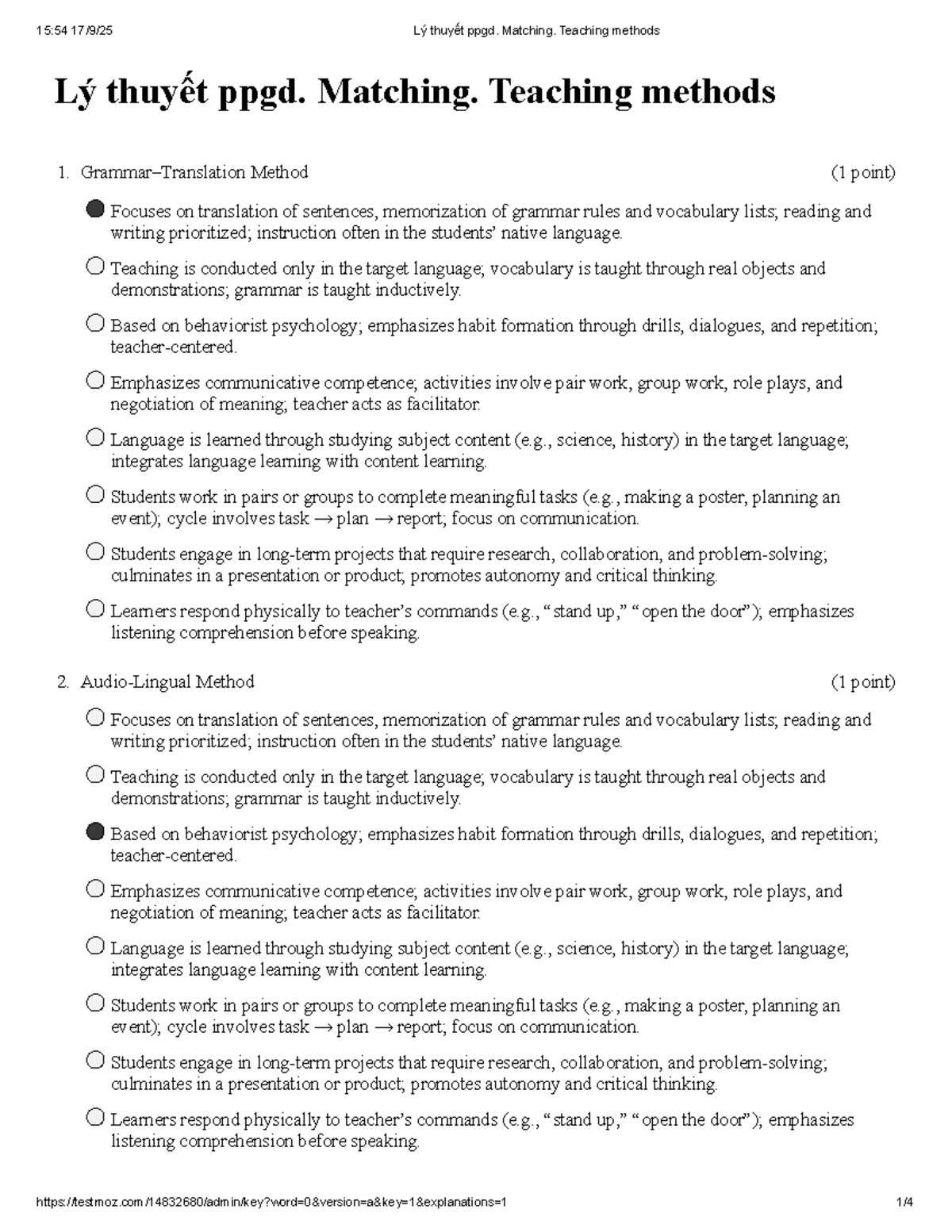 Lý thuyết PPGD: Matching Teaching Methods Overview - Studocu