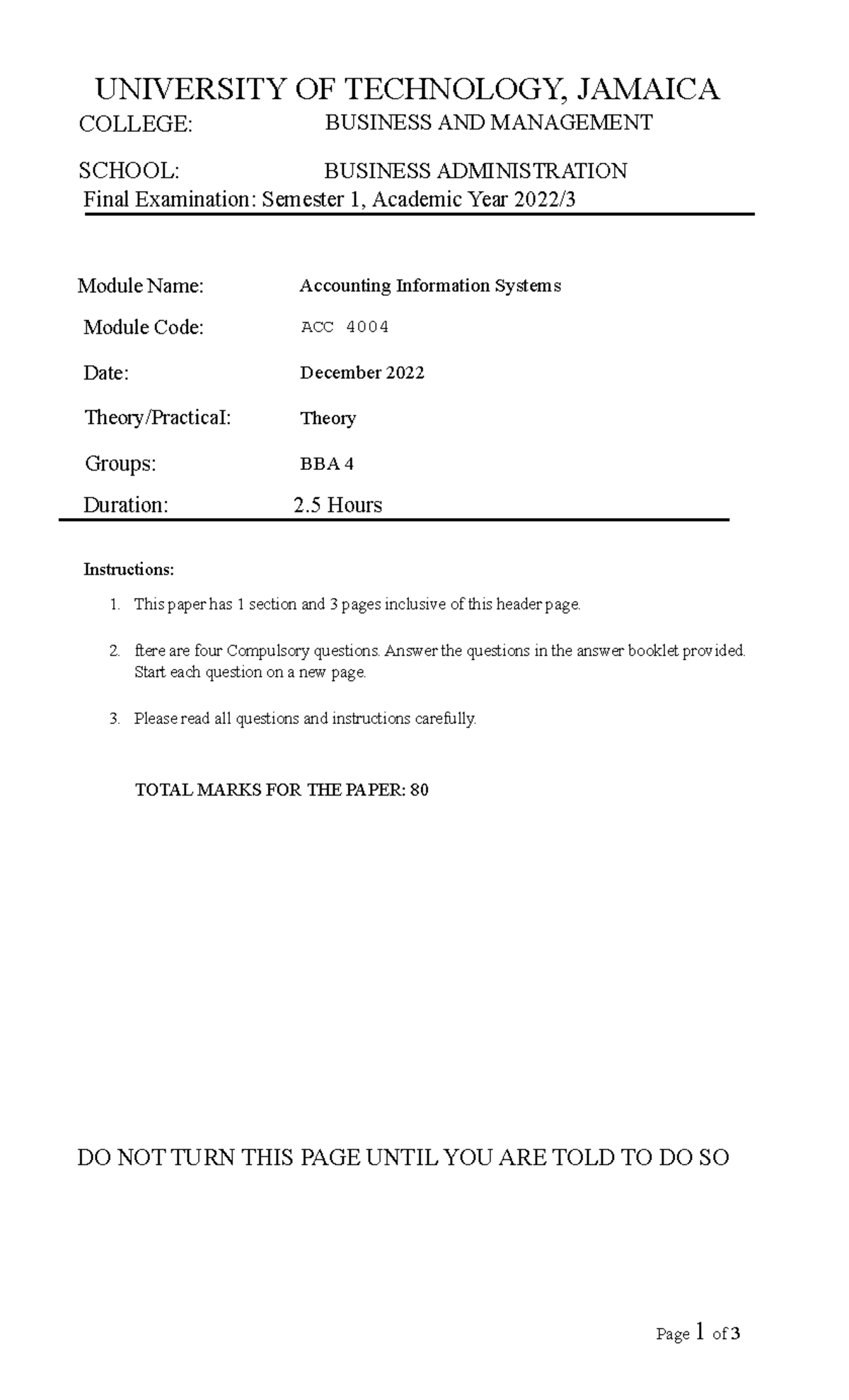AIS 2022-2023 SEM1-December 2022 - UNIVERSITY OF TECHNOLOGY, JAMAICA COLLEGE: BUSINESS AND - Studocu