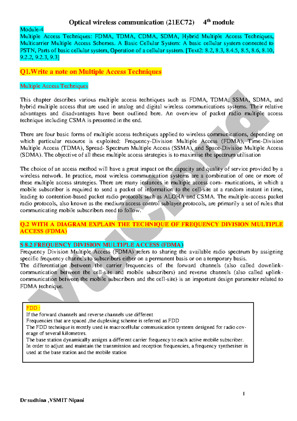 Owc 4th Module Final Exam Notes: Multiple Access Techniques (21EC72 ...