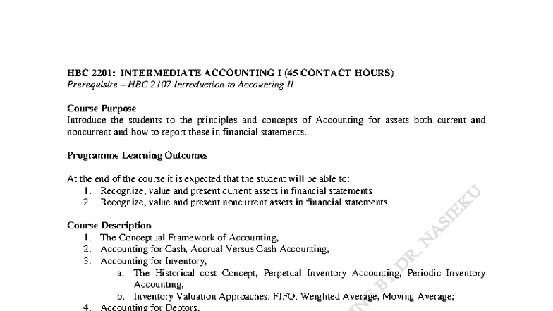 HBC 2201: Intermediate Accounting I Course Outline and Overview - Studocu