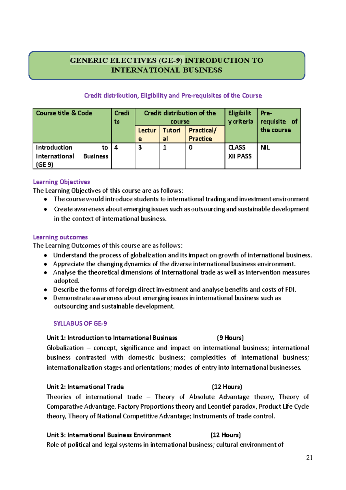 IB Syllabus - 21 Credit distribution, Eligibility and Pre-requisites of ...