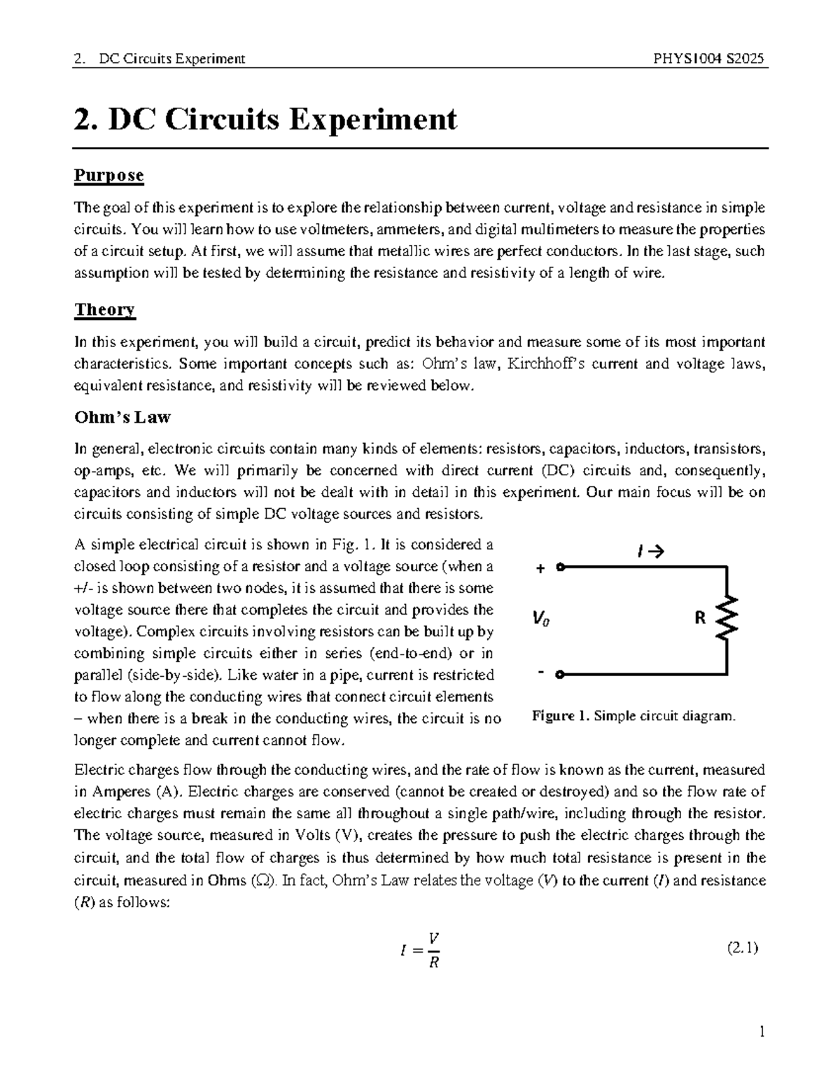 2. DC Circuits Experiment Manual PHYS1004 S2025: Understanding Current ...