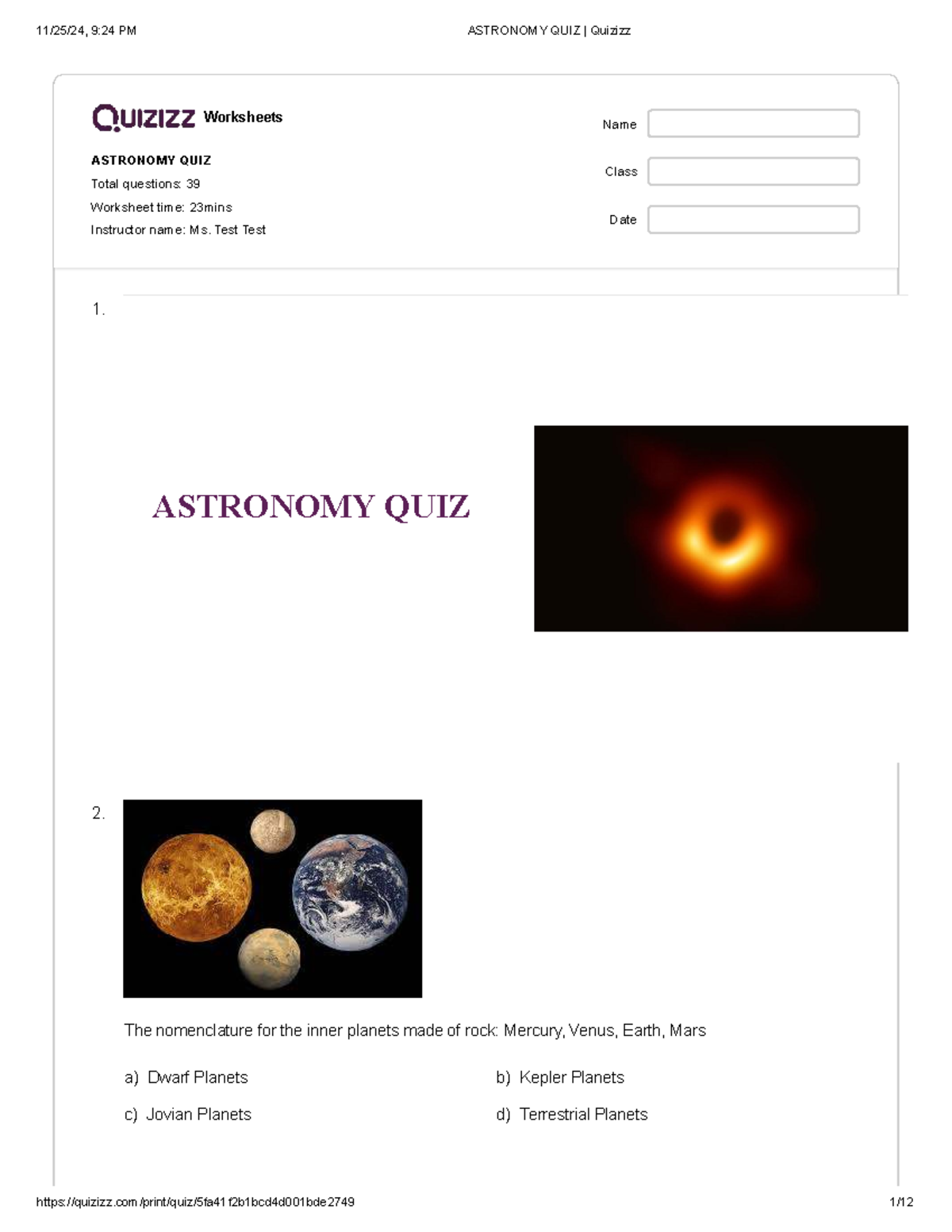 ASTR 101: Astronomy Quizizz Worksheet - Total Questions: 39 - Studocu