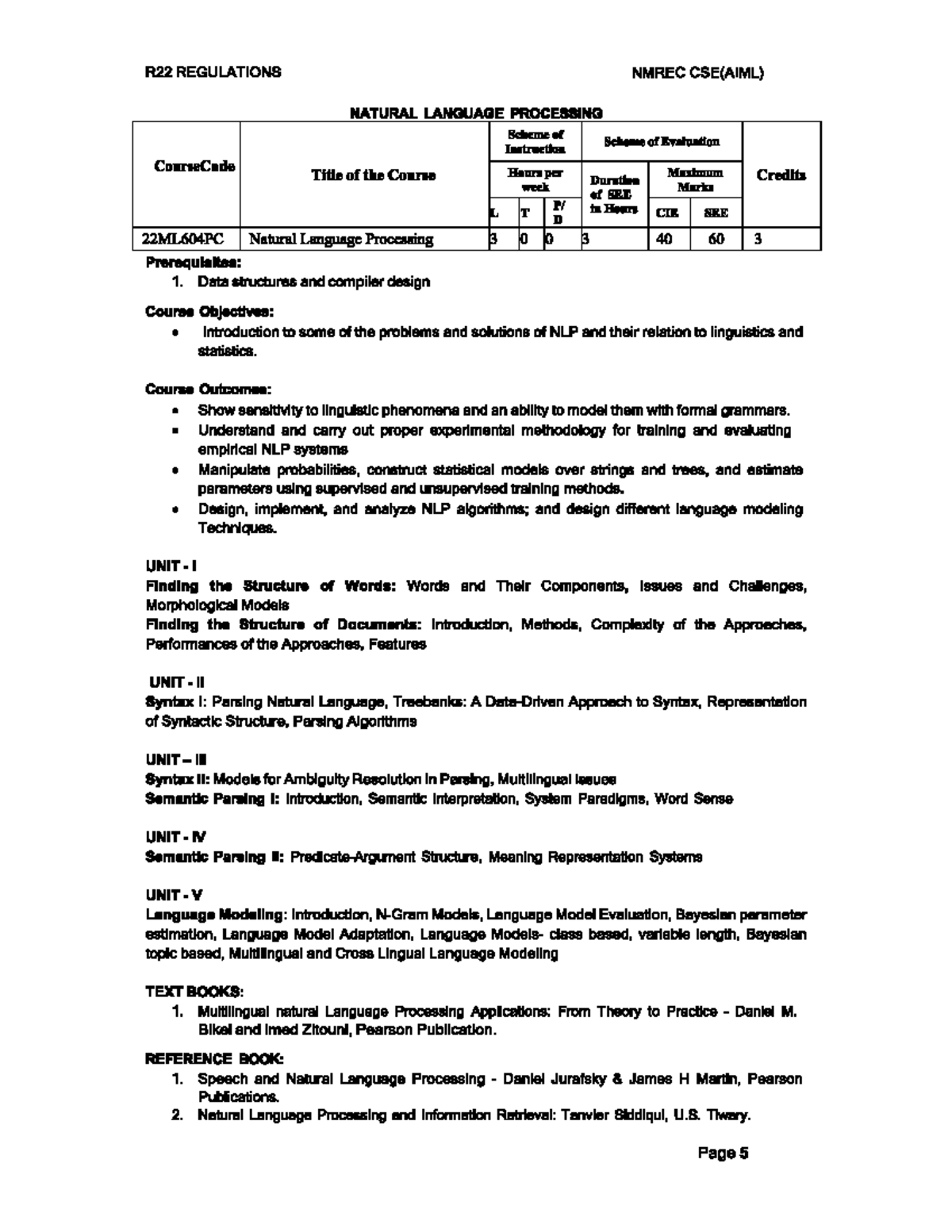 R22 CSE(AIML) Natural Language Processing Syllabus and Evaluation ...