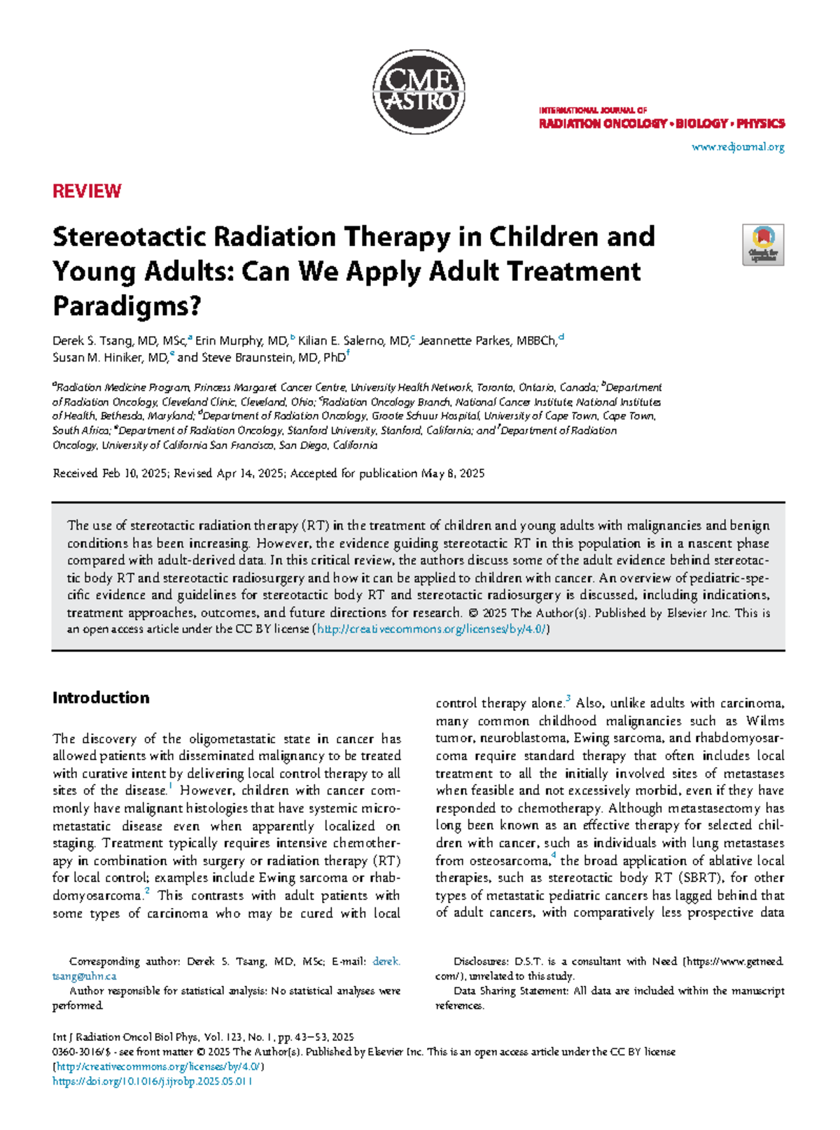 REVIEW: Stereotactic Radiation Therapy for Pediatric Malignancies (2025 ...