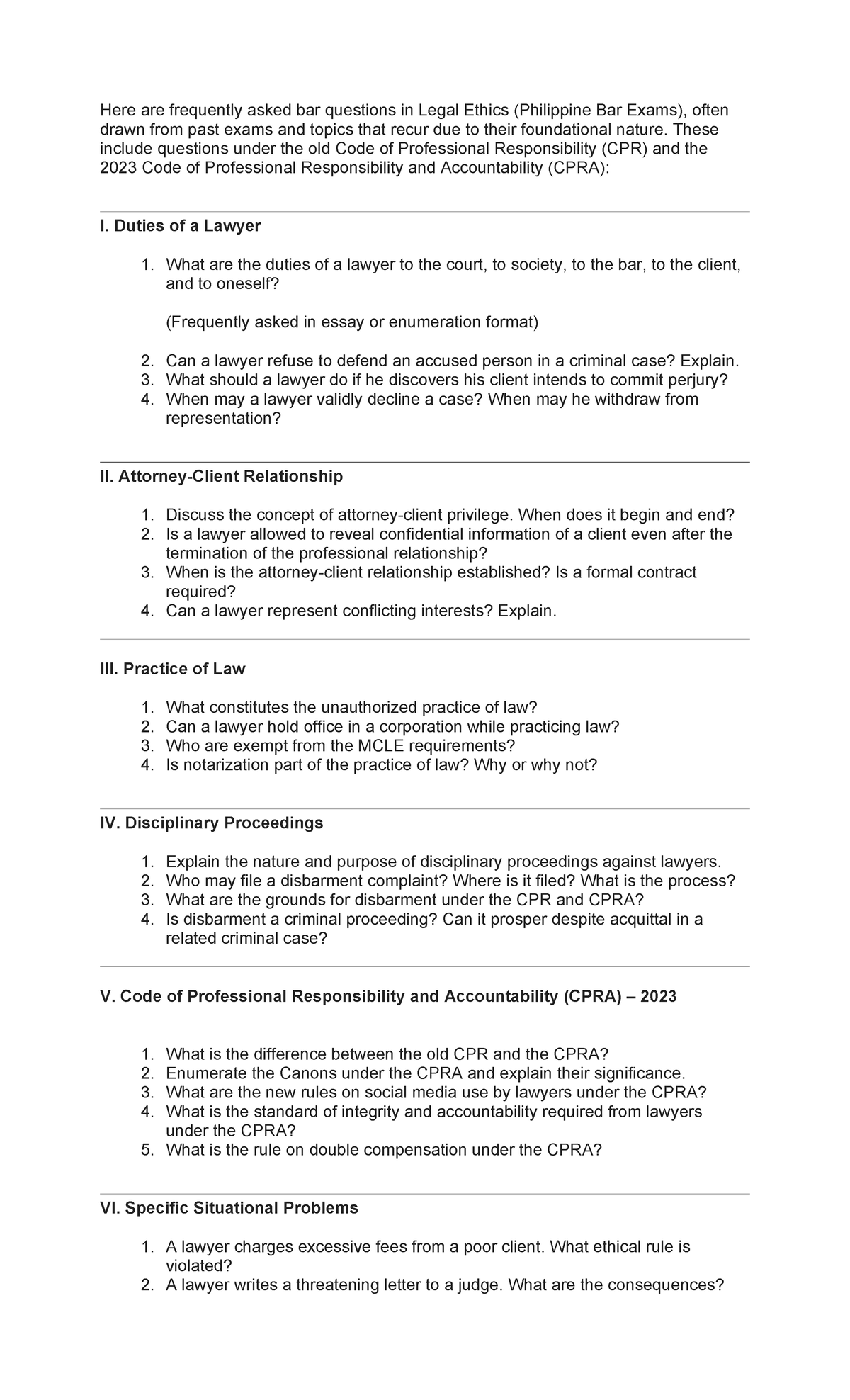 Philippine Bar Exam FAQs: Legal Ethics (CPRA & CPR) - Studocu