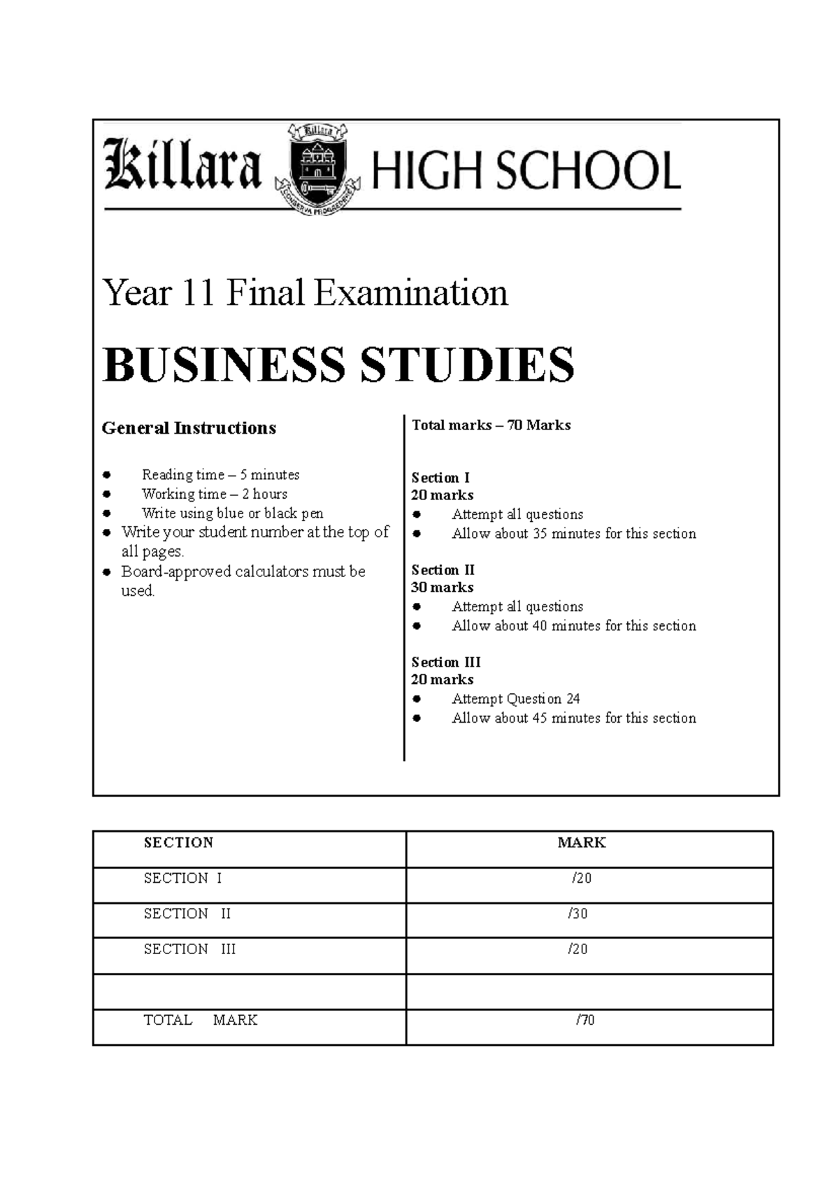 Year 11 BUS STUDIES Final Exam Instructions & Sample Questions - Studocu