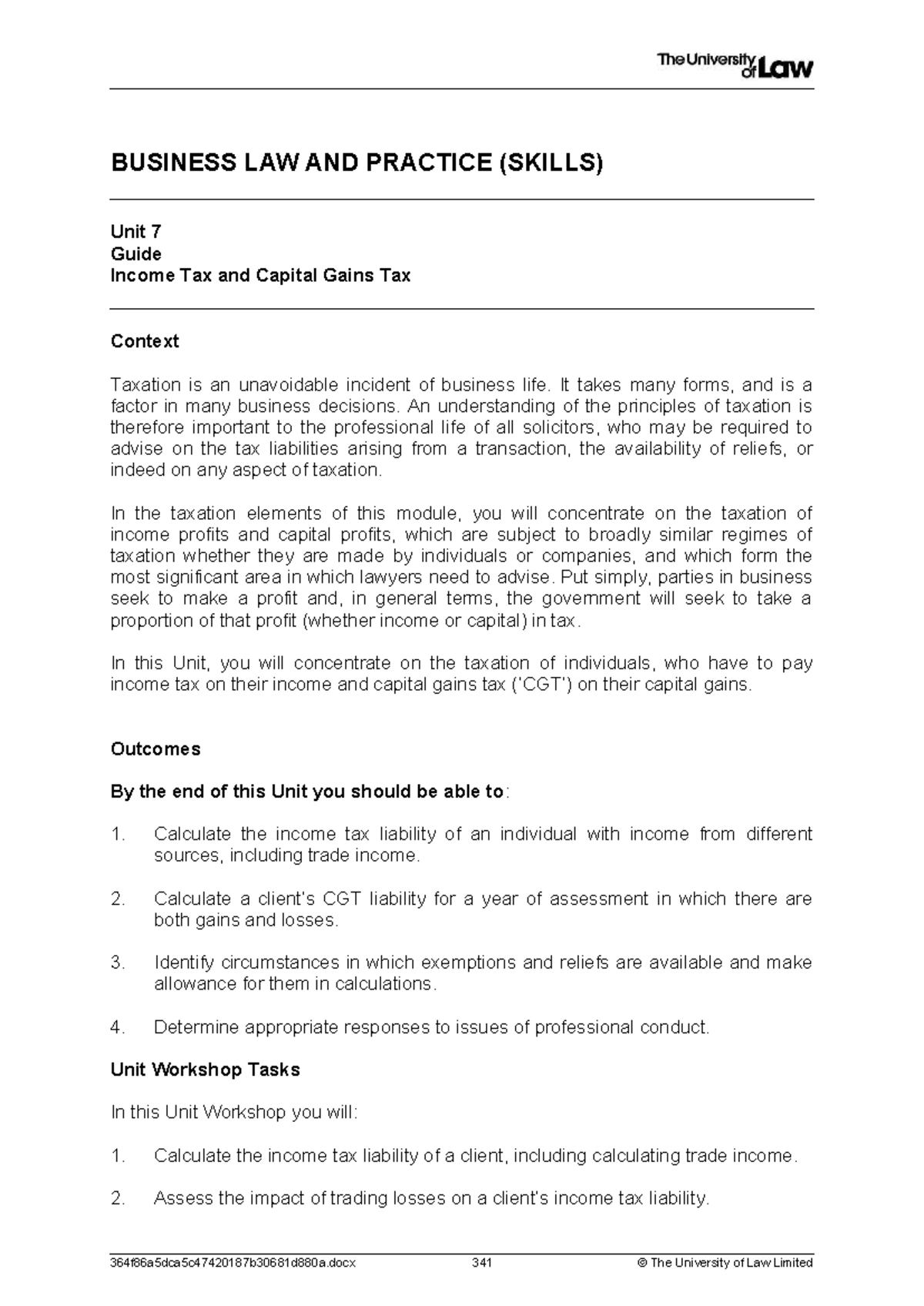 BUSINESS LAW AND PRACTICE (SKILLS) Unit 7 Income Tax & CGT Overview ...