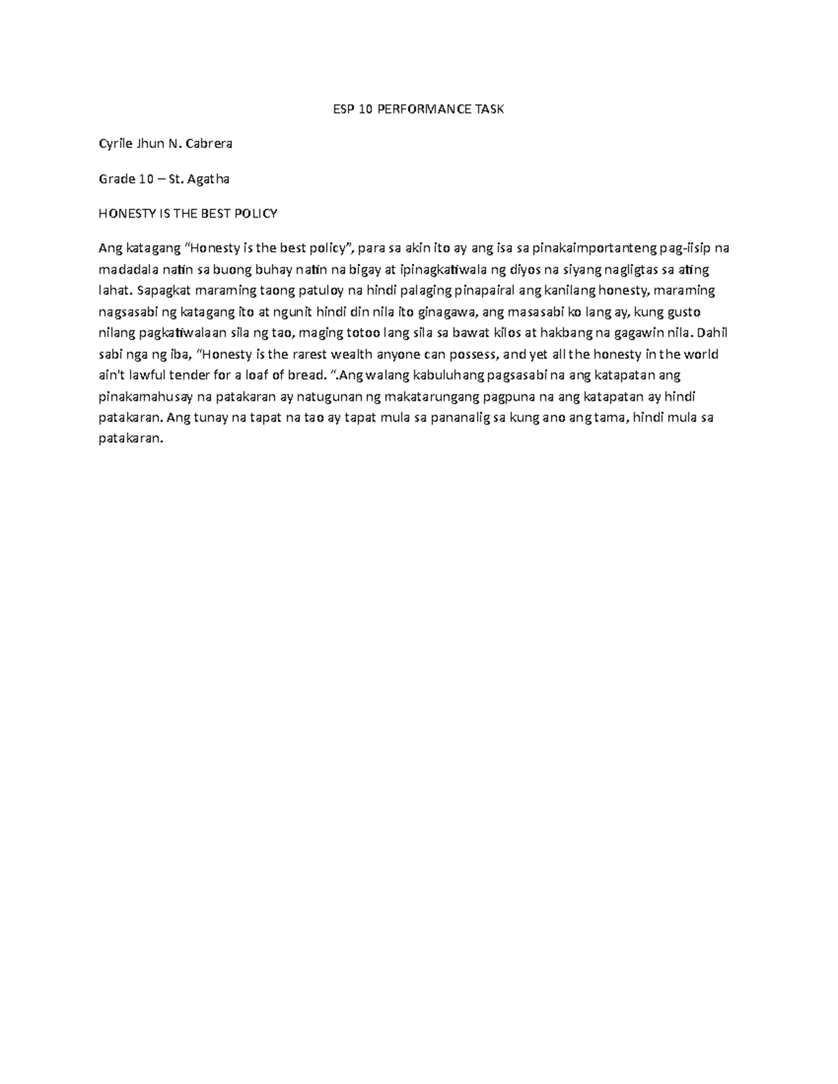 ESP 10 Performance Task: Honesty as a Life Principle Essay - Studocu
