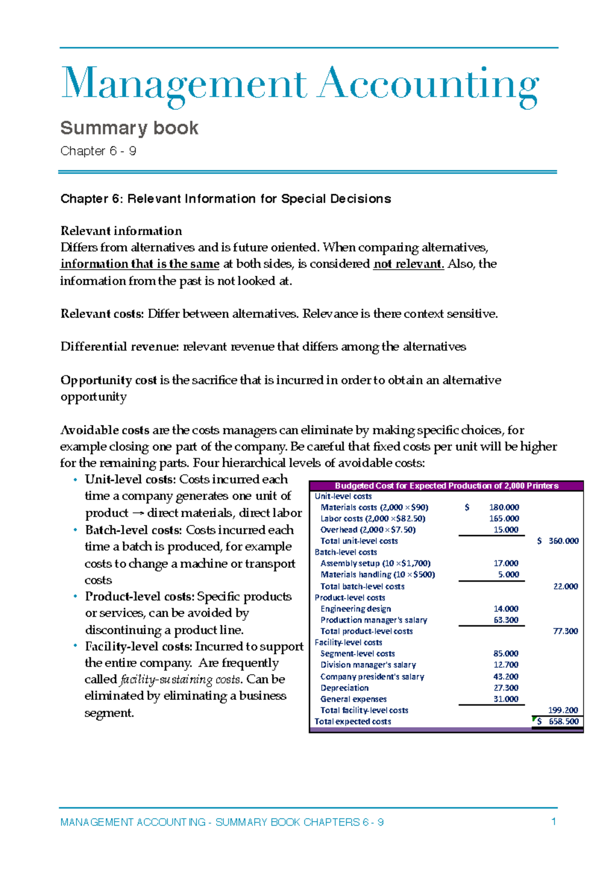Summary of Managerial Accounting - Chapters 6 to 9 Insights - Studeersnel