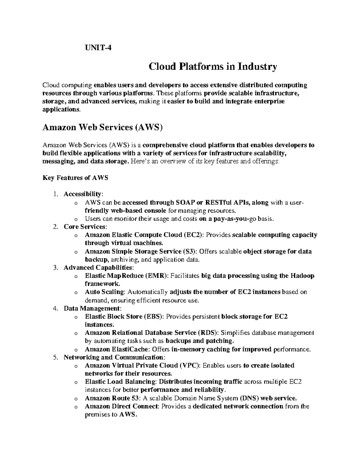 Unit 4: Overview of Cloud Platforms - AWS & Key Features - Studocu