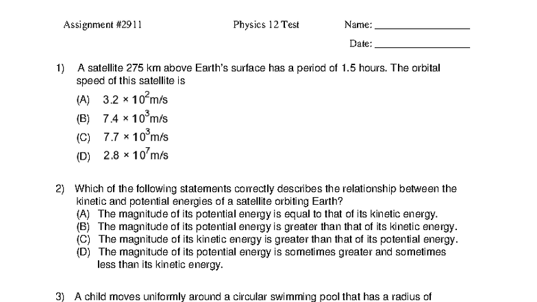 Physics 12 Assignment: Circular Motion Test Questions - Studocu