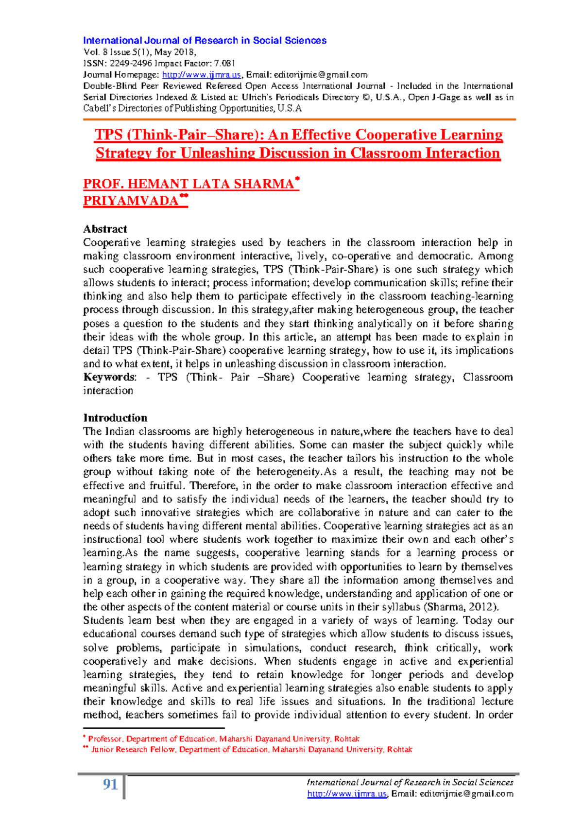 TPS: Think-Pair-Share as a Cooperative Learning Strategy for Classroom ...