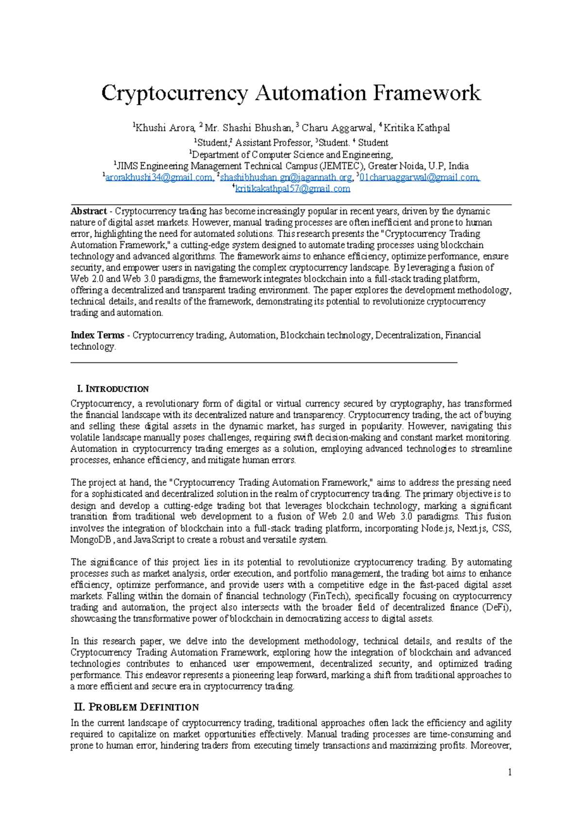 BTECH Final Year Research Paper: Automation in Cryptocurrency Trading - Studocu
