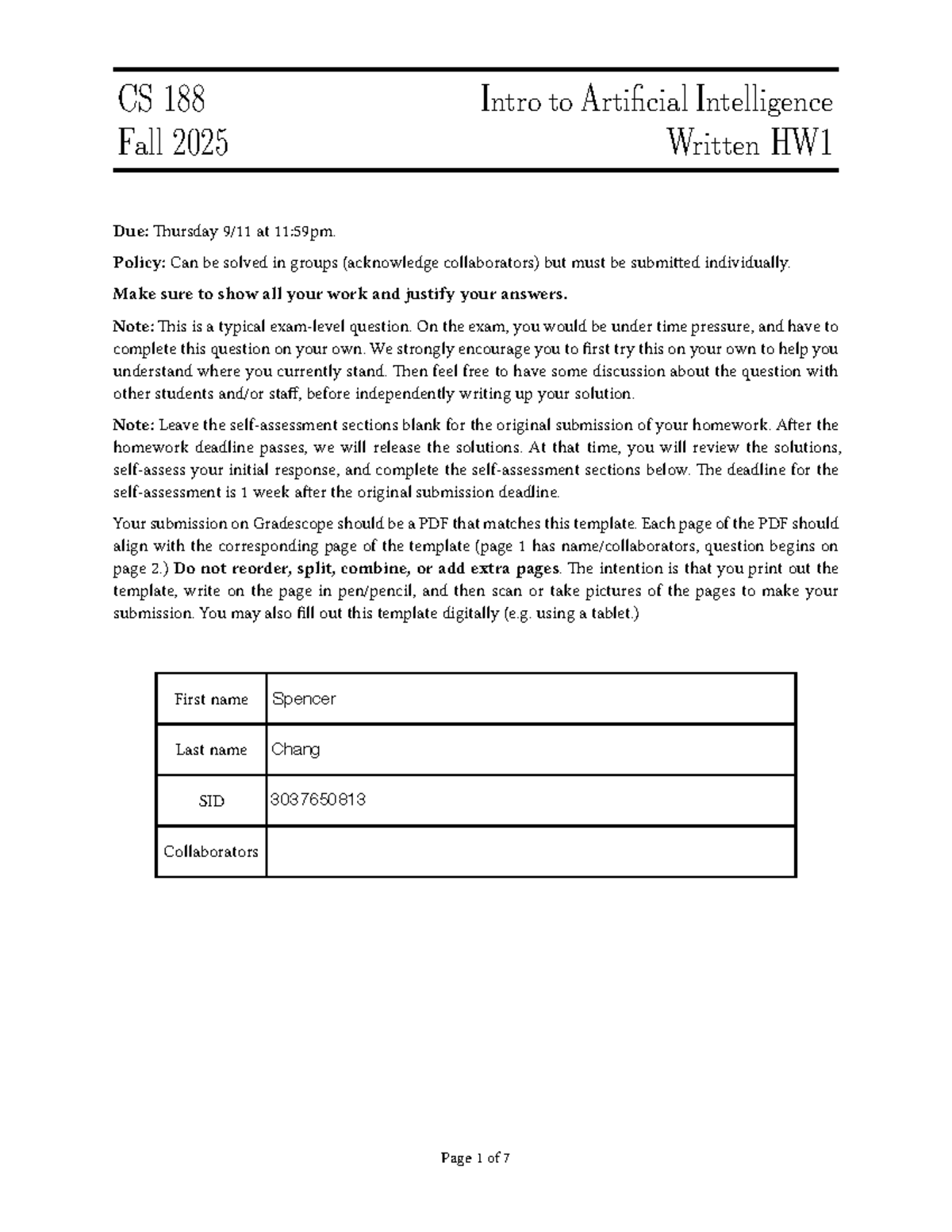 CS 188 Fall 2025 Written HW1 Guidelines and Problem Overview - Studocu