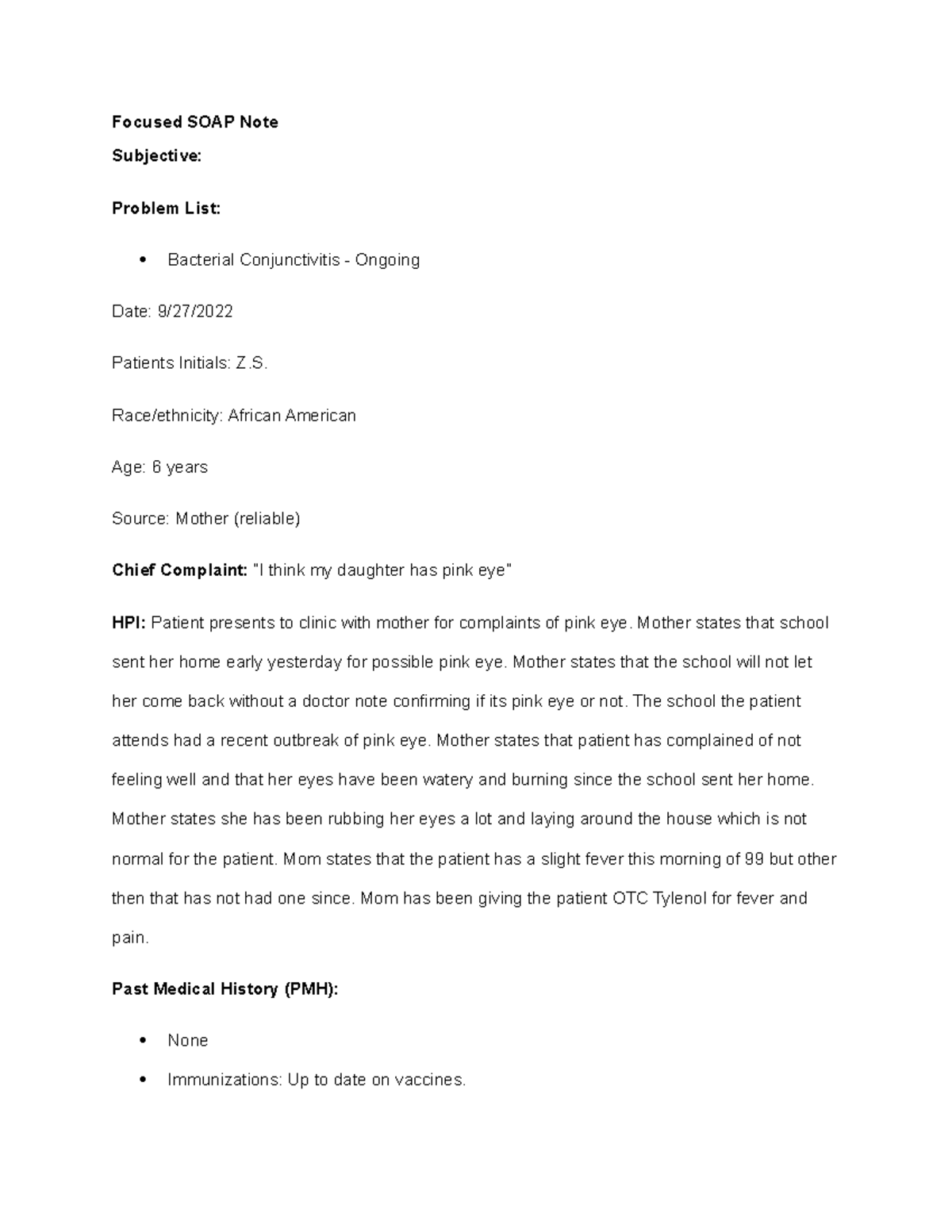 Focused SOAP Note #5: Bacterial Conjunctivitis in 6-Year-Old - Studocu