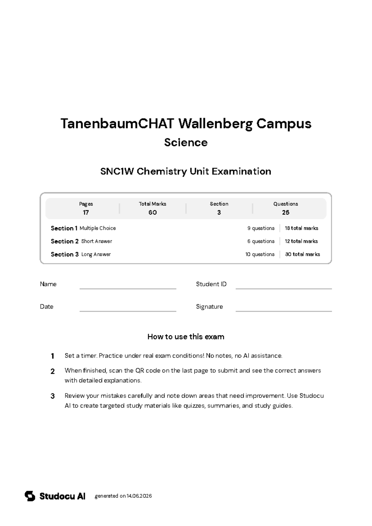 SNC1W Chemistry Unit Final Exam - Studocu