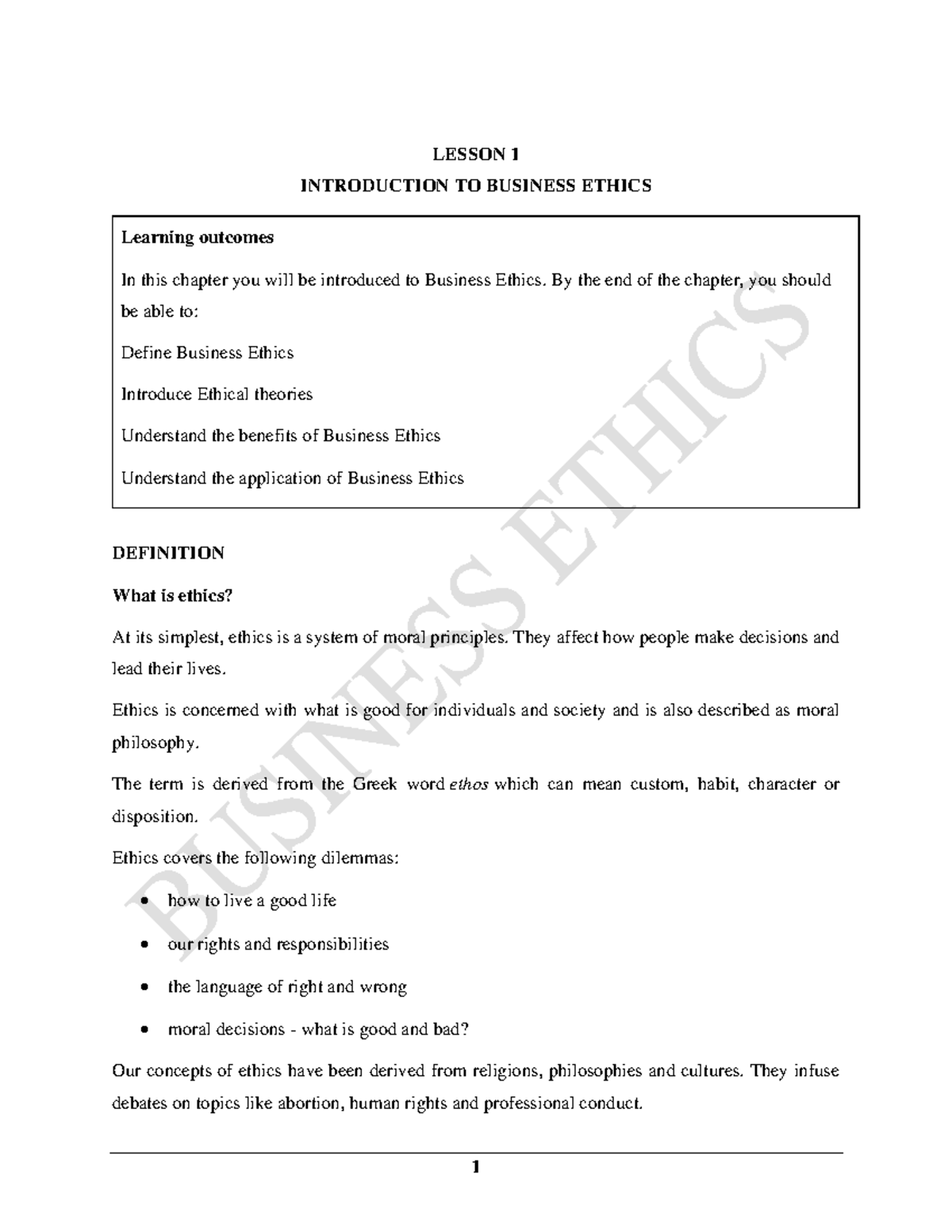 Lec 1 & 2 - Intro to Business Ethics: Key Concepts & Applications - Studocu