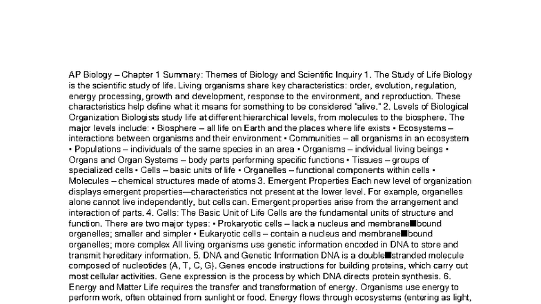 AP Biology Chapter 1 Summary: Themes & Scientific Inquiry - Studocu